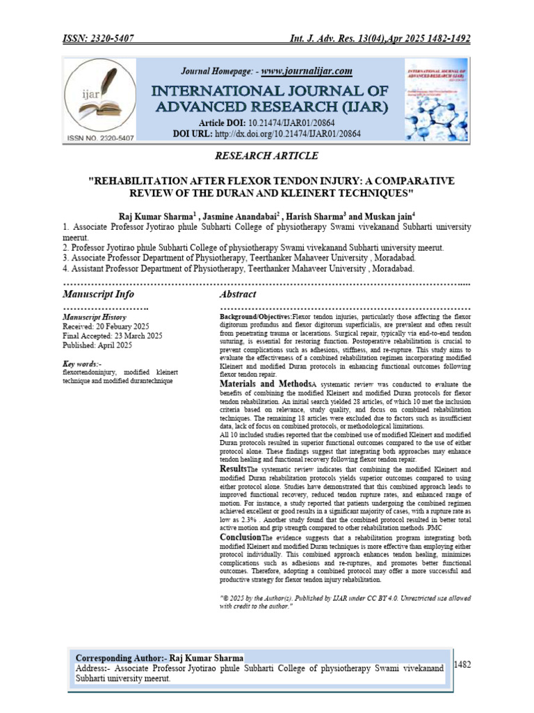 Rehabilitation After Flexor Tendon Injury: A Comparative Review of The ...