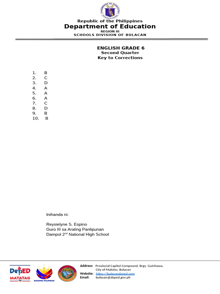 Grade 6 English Quarter 2 Answer Key | PDF