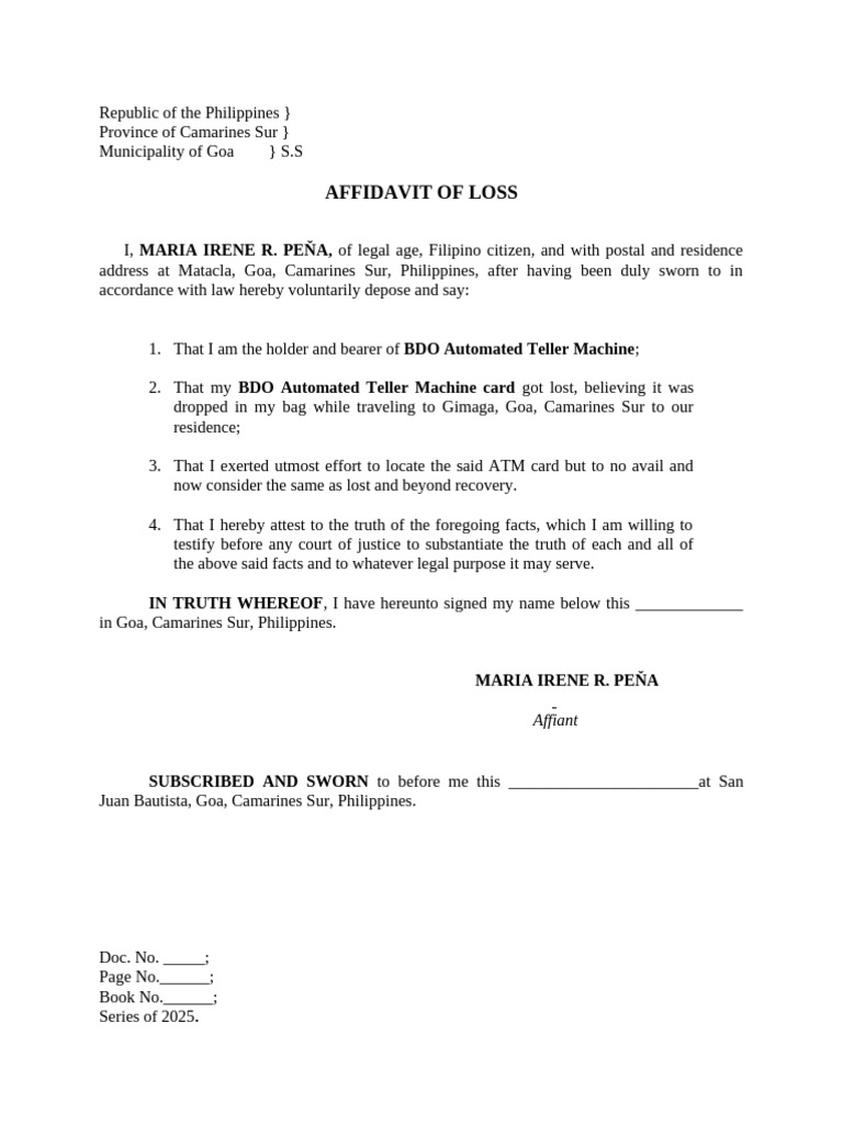 Affidavit of Loss - Bdo Atm | PDF