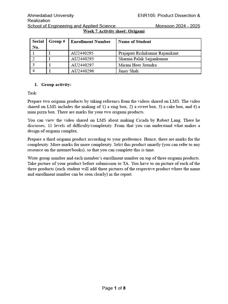 Week7 Activity Sheet ENR105 PDR Origami | PDF | Origami | Behavioural Sciences