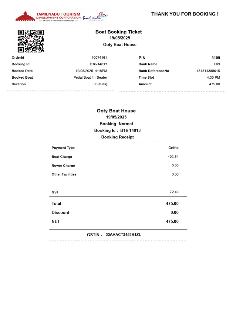 Ooty Boat House Booking Confirmation | PDF | Payments