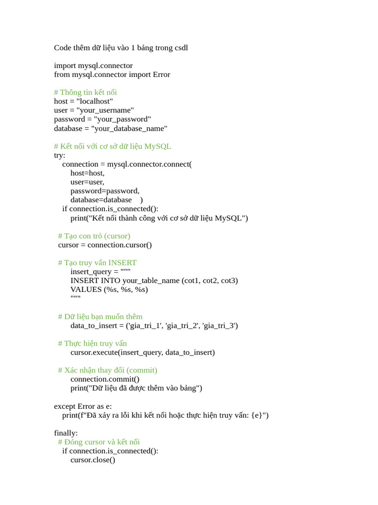 Code Thêm Dữ Liệu Vào 1 Bảng Trong Csdl | PDF