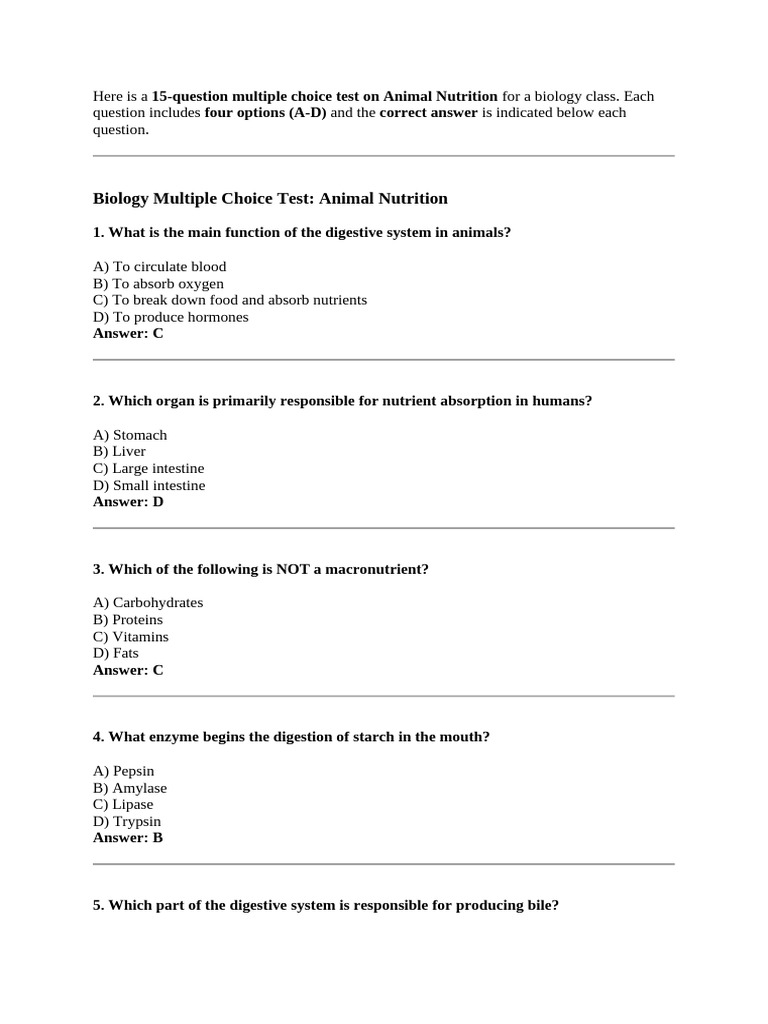 Animal Nutrition MCQ Test with Answers | PDF | Digestion | Human ...