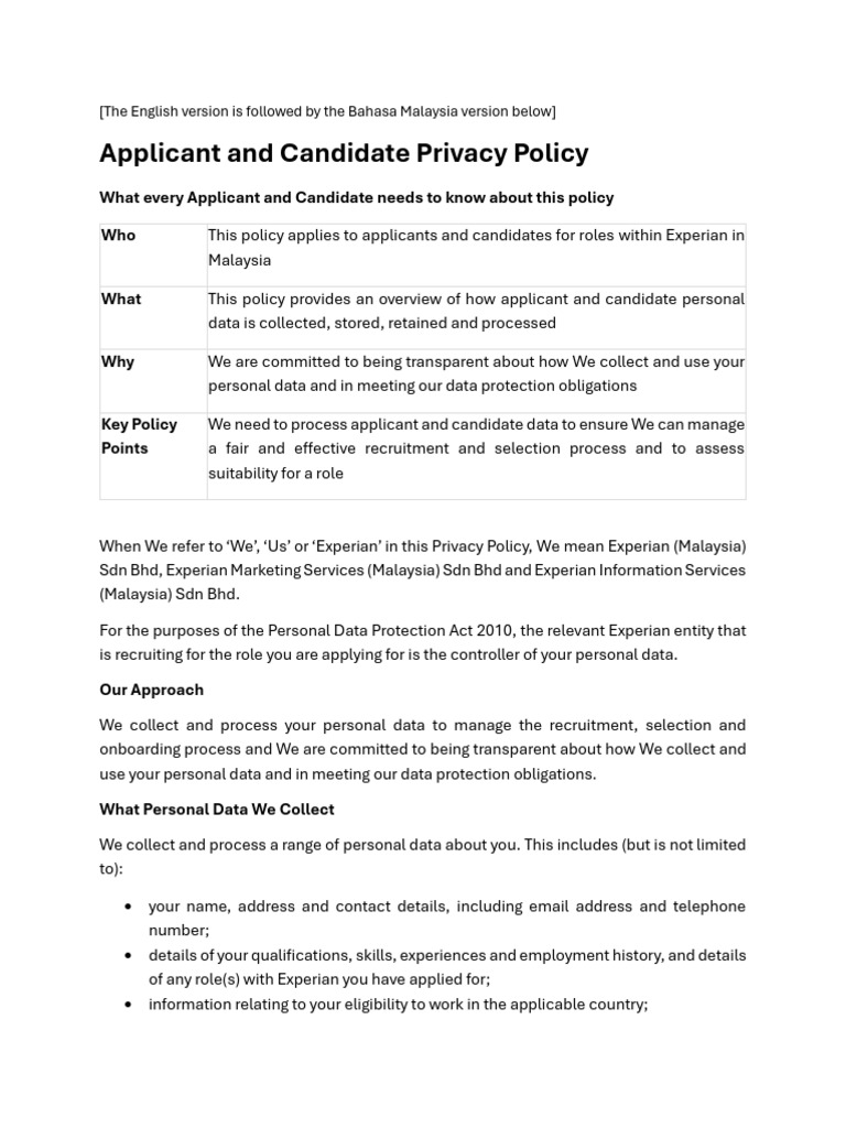 Applicant and Candidate Privacy Policy Malaysia 1 | PDF | Recruitment | Computer Security