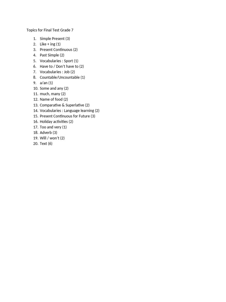 Topics For Final Test Grade 7 | PDF