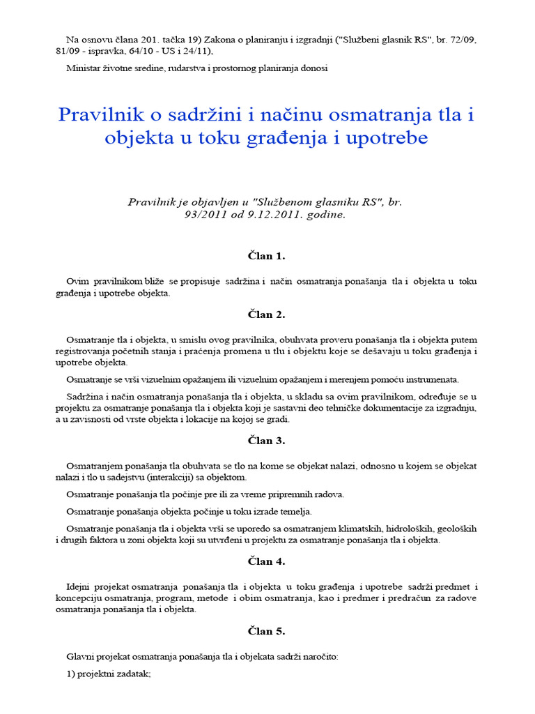 Pravilnik o Sadrzini I Nacinu Osmatranja Tla I Objekta U Toku Gradenja ...
