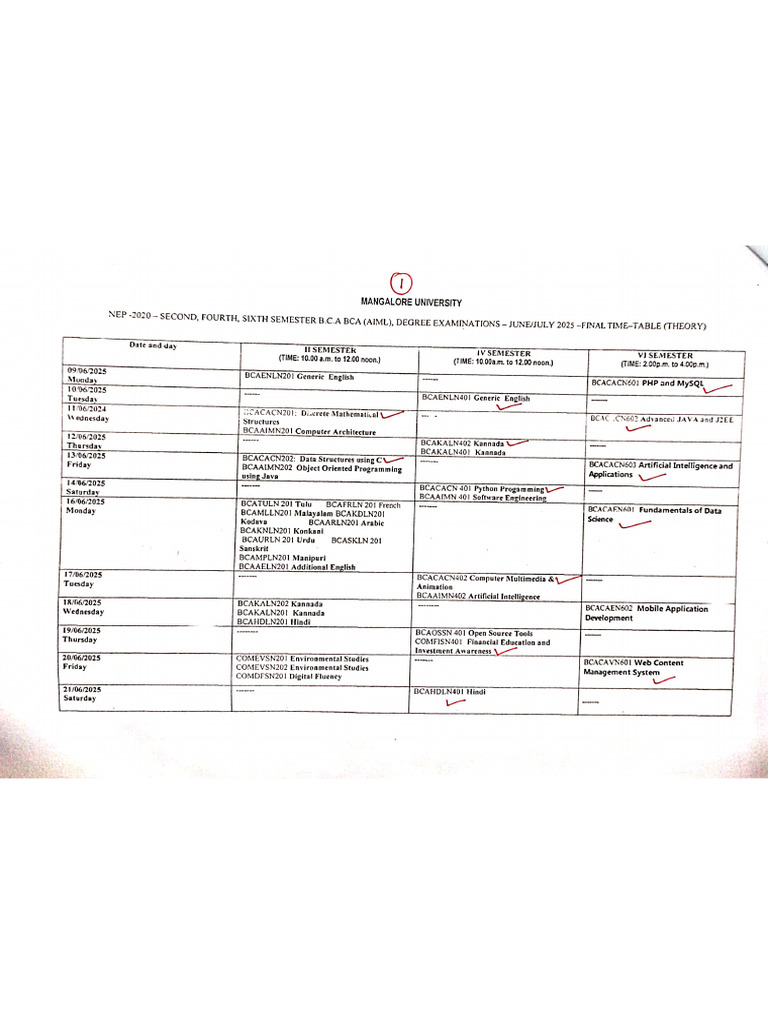 NEP II, IV and VI SS - BCA June-July 2025 Final Time Table | PDF
