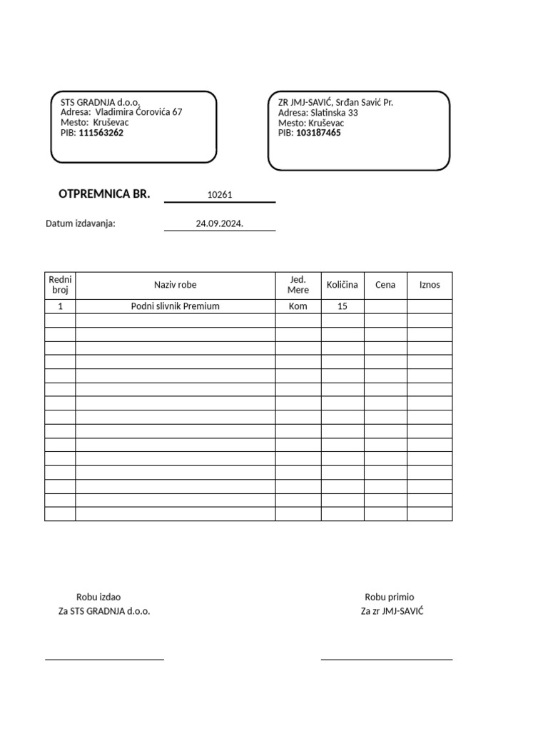 Otpremnica - JMJ-SAVIĆ - Podni Slivnik 15 Kom | PDF