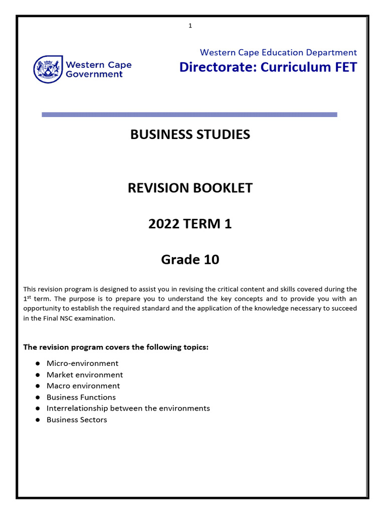 Grade 10 Business Studies Term 1 Revision | PDF | Macroeconomics ...