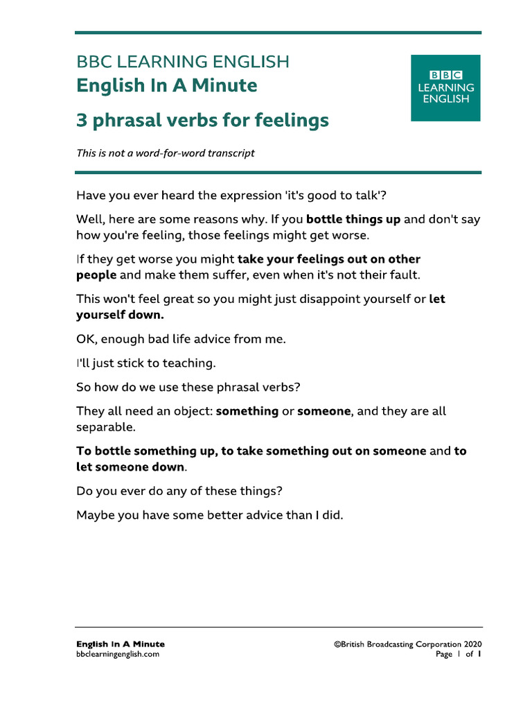 BBC 3 Phrasal Verbs With Feelings Worksheet W50 | PDF