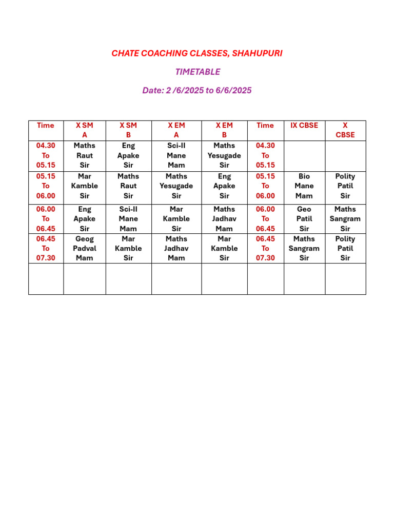 Timetable Evening Session | PDF