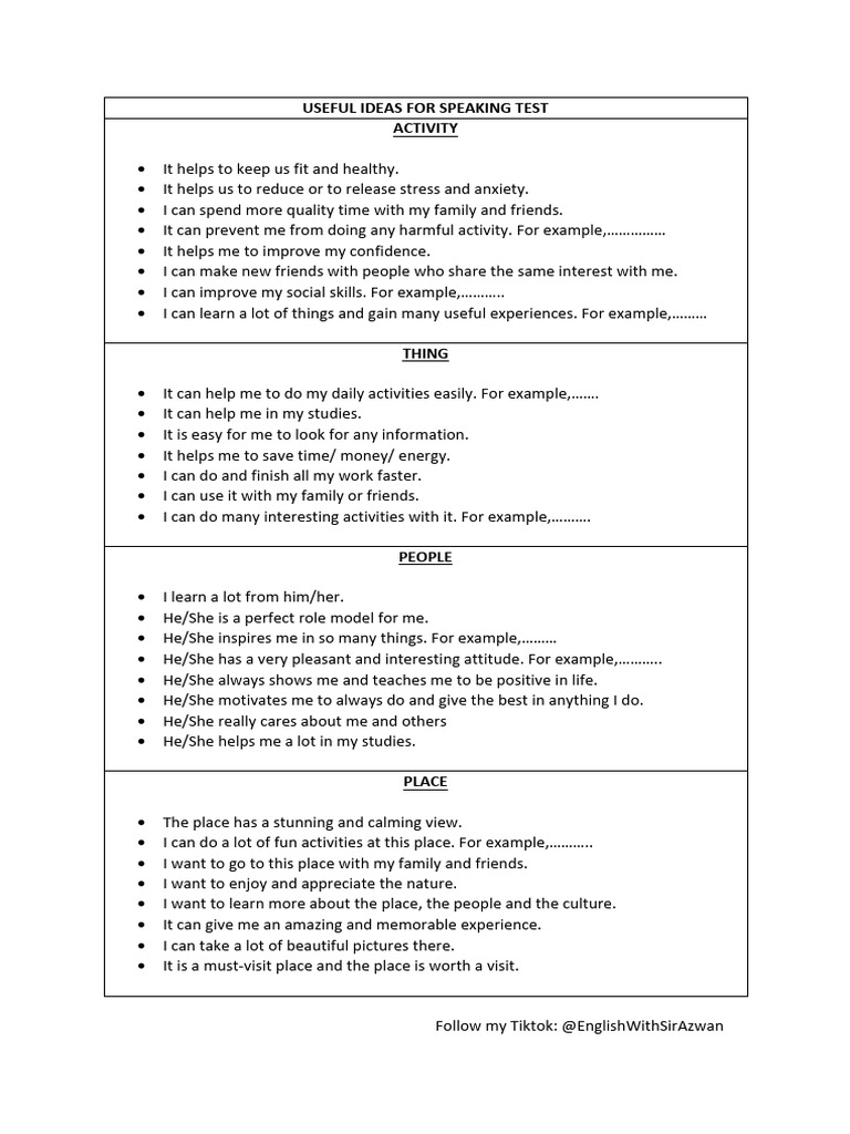Speaking Test Ideas and Phrases | PDF