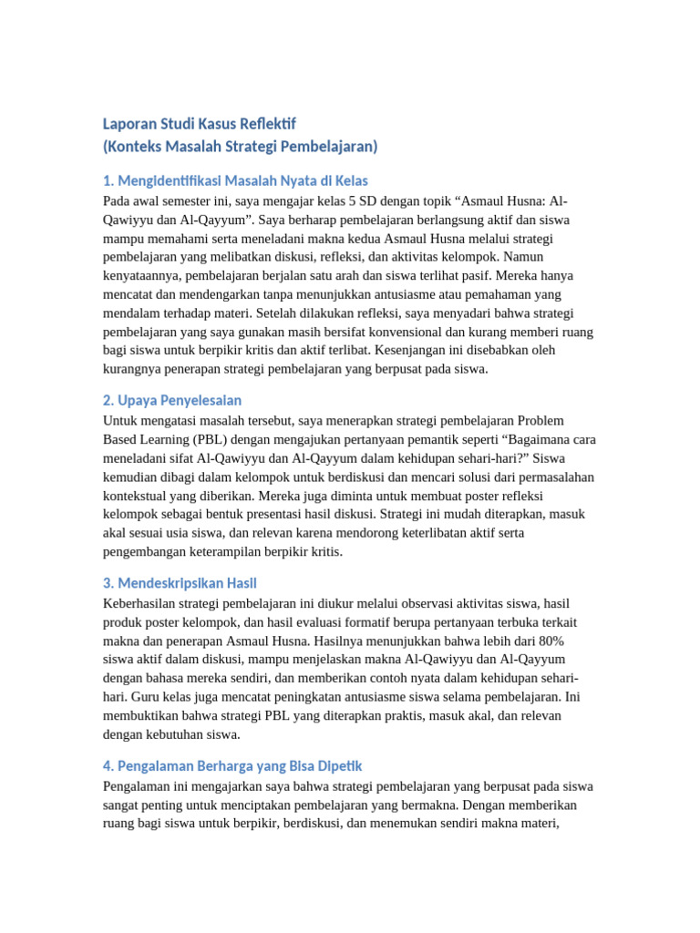 Laporan Studi Kasus Reflektif Strategi Pembelajaran | PDF