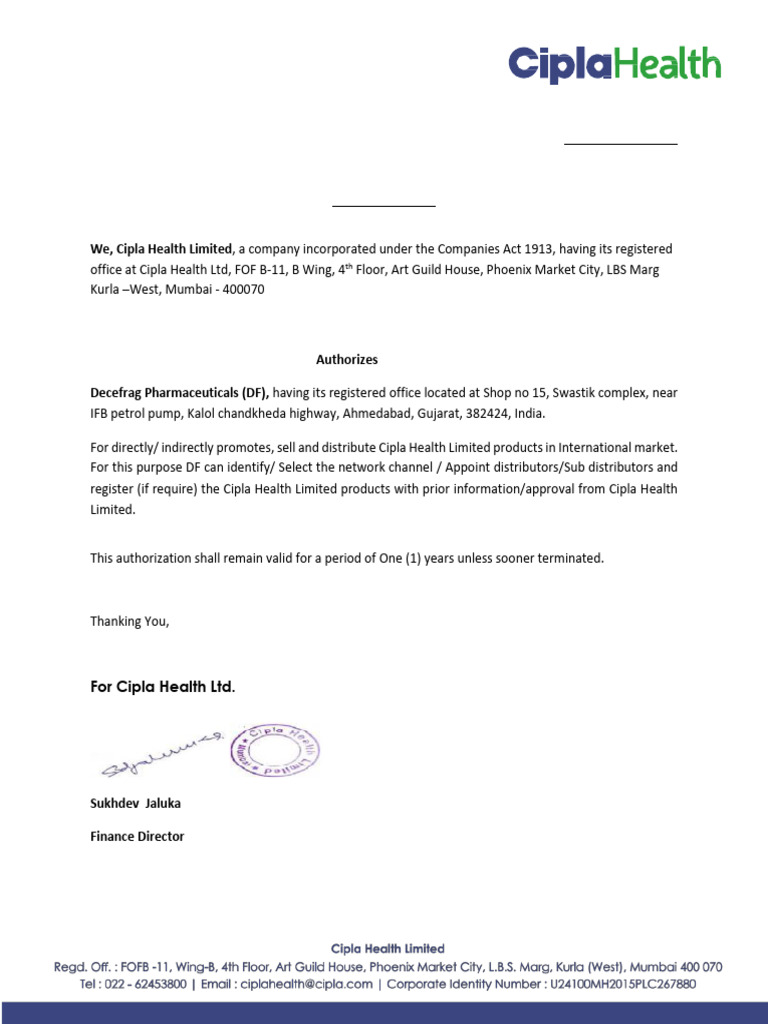 Cipla Authorisation Letter | PDF