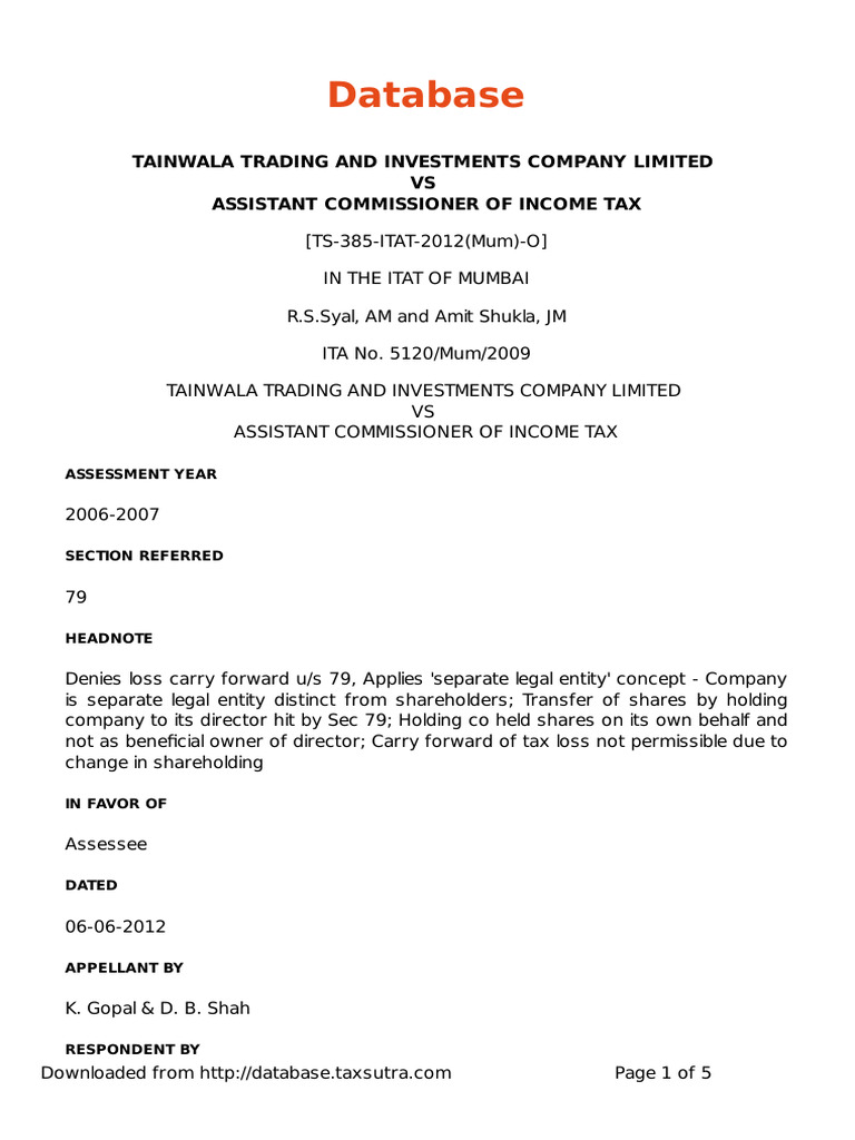 Tainwala Trading and Investments Company Limited Vs Assistant ...