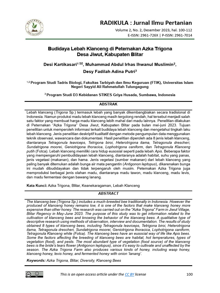 RADIKULA: Jurnal Ilmu Pertanian: Budidaya Lebah Klanceng Di Peternakan ...