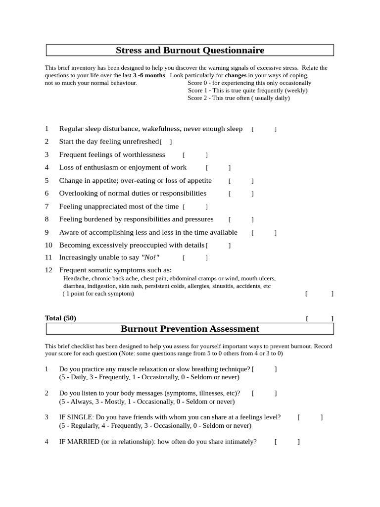 Stress and Burnout Questionnaire | PDF | Occupational Burnout | Pain