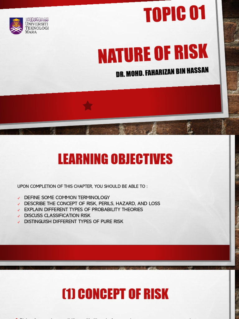 (Ins200) Topic 01 Nature of Risk (Dr. Ej) | PDF | Risk | Probability
