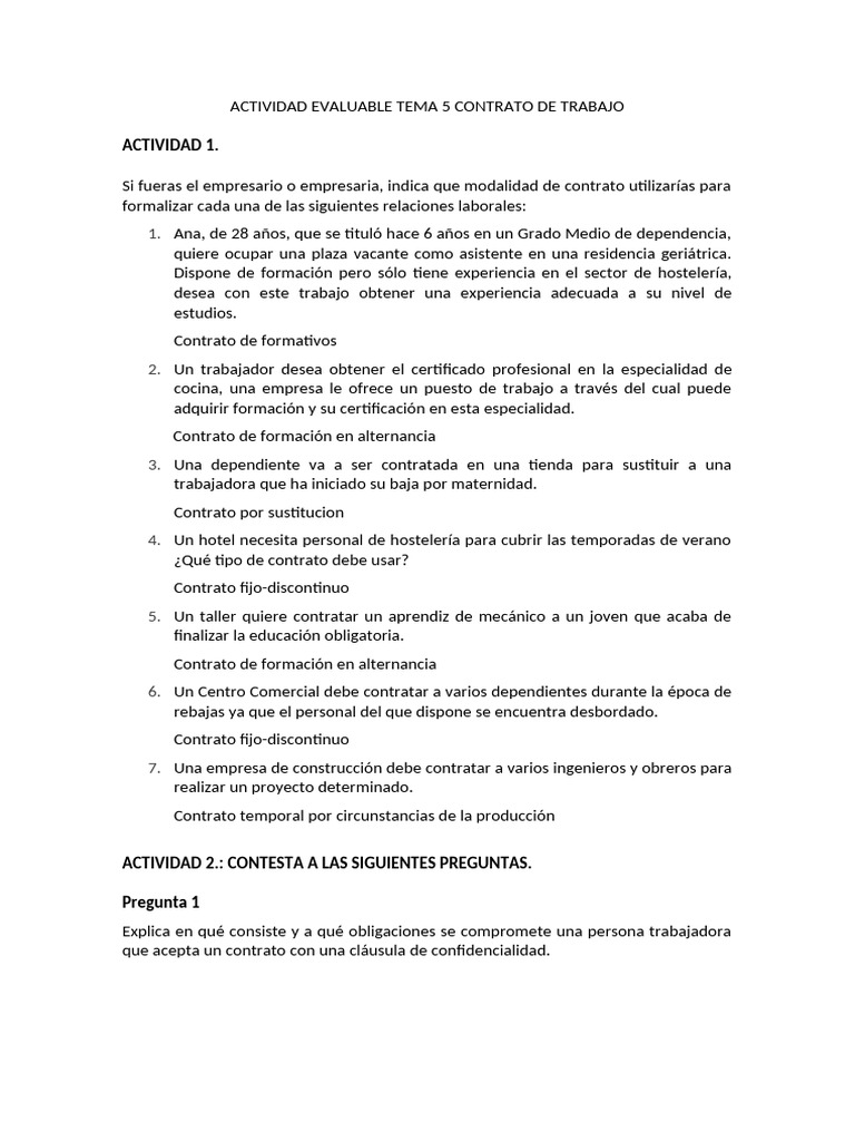 Actividad Evaluable Tema 5 Contrato de Trabajo | PDF | Economias
