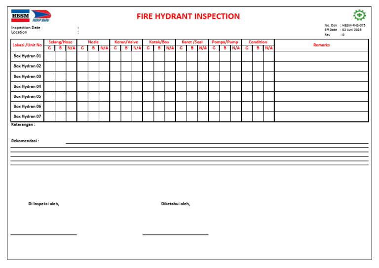 HBSM-FHS-075 - Rev.00 Inspeksi Fire Hydrant | PDF