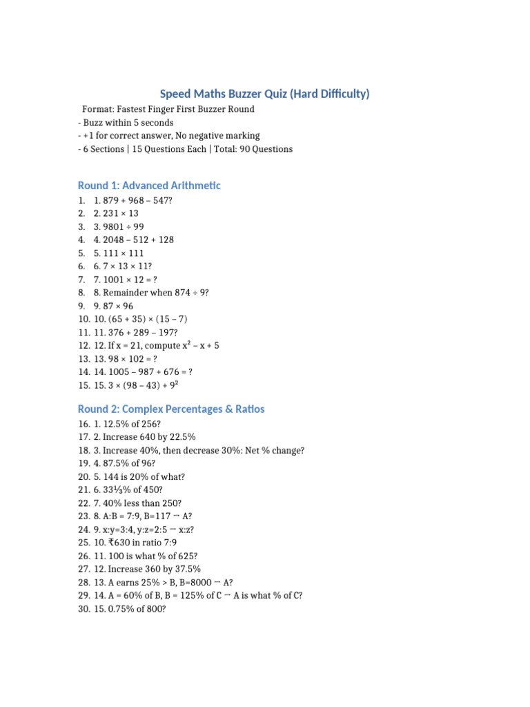 Speed Maths Buzzer Quiz Hard | PDF | Arithmetic | Mathematics