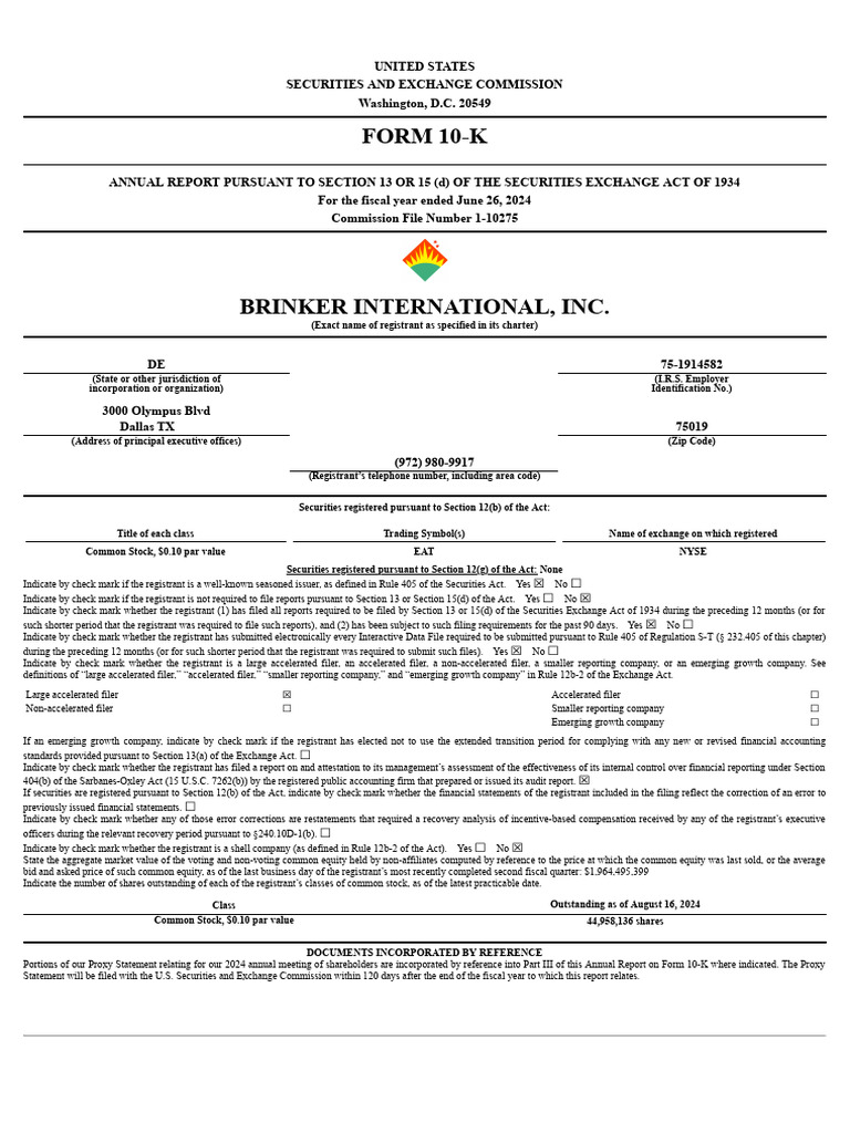Brinker International 08:24 10-k | PDF | Form 10 K | Franchising