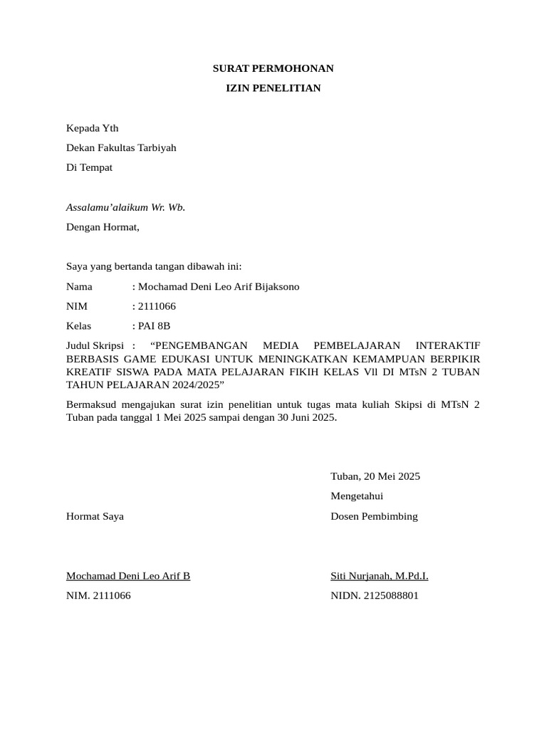 Surat Permohonan Penelitian | PDF