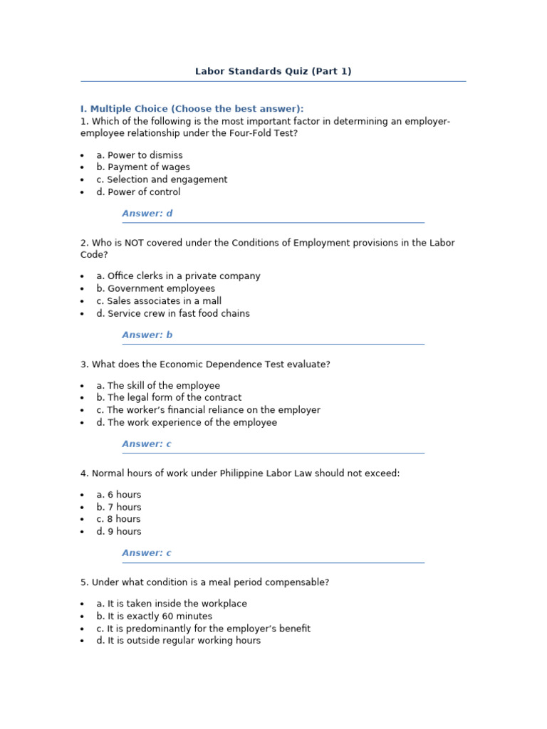 Labor Standards Quiz: Four-Fold Test | PDF | Employment | Labour Law