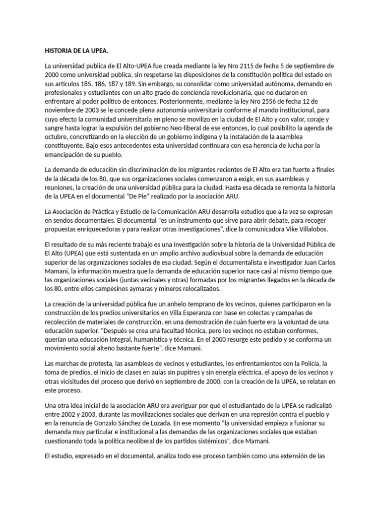 Historia de La Upea | PDF
