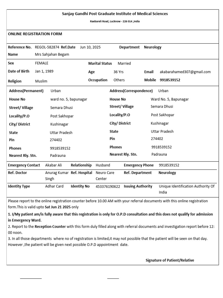 Shajahan Begam PGI Ragistration | PDF | Health Care | Access Control