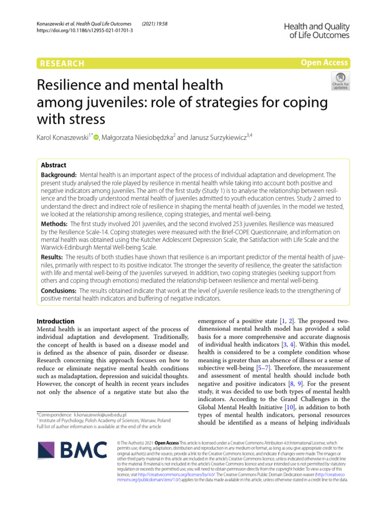 Resilience and Mental Health Among Juveniles, Role of Strategies For Coping With Stress | PDF ...