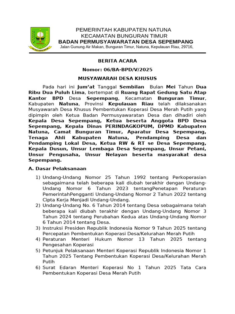Berita Acara Musdessus Desa Sepempang | PDF