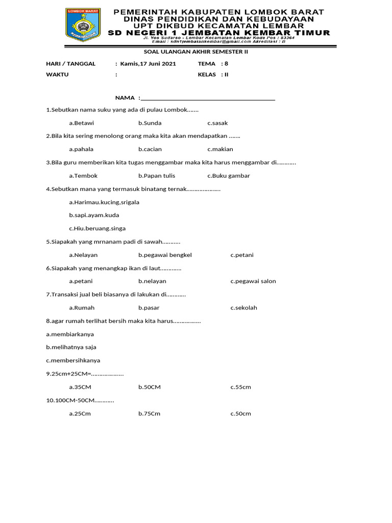 Soal Ulangan Kelas 2 | PDF
