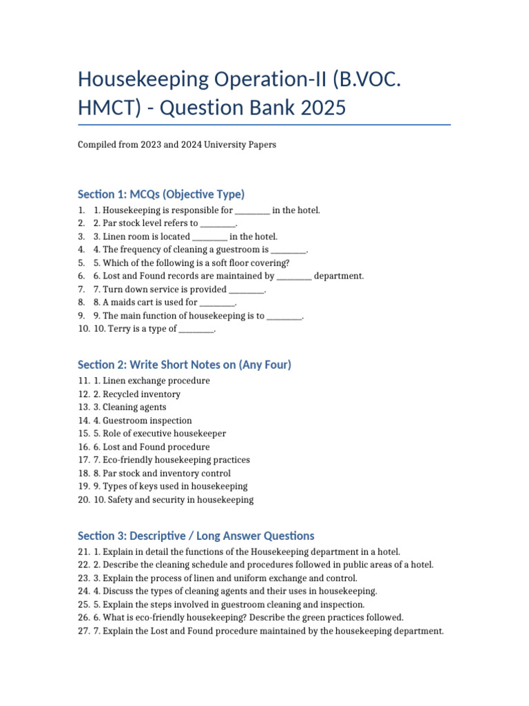 Housekeeping Operation II Question Bank 2025 | PDF