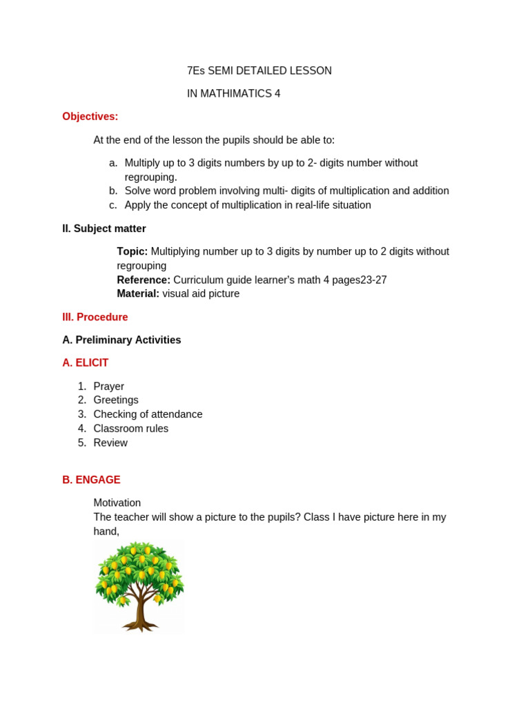 7es Semi Detailed Lesson | PDF | Multiplication | Learning