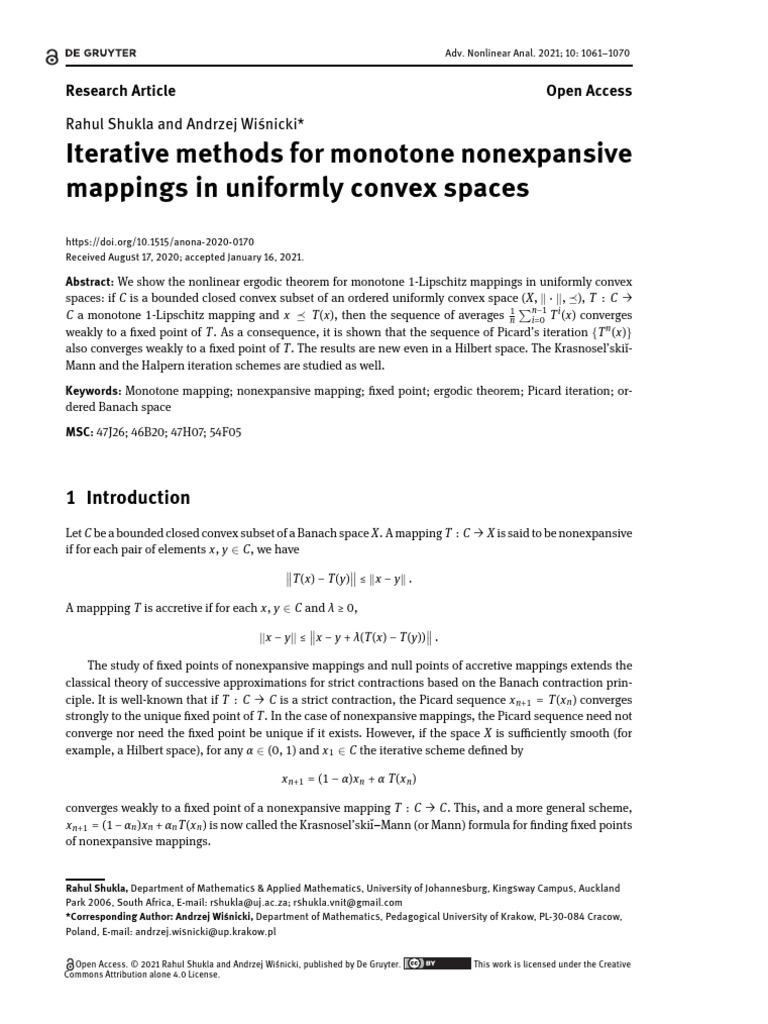 Iterative Methods for Monotone Nonexpansive Mappings in Uniformly Convex Spaces | PDF | Banach ...