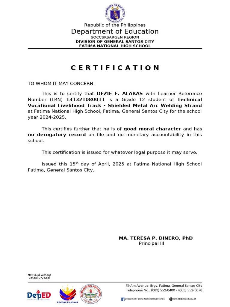 Certificate of Enrollemnt Smaw A | PDF | Welding | Construction