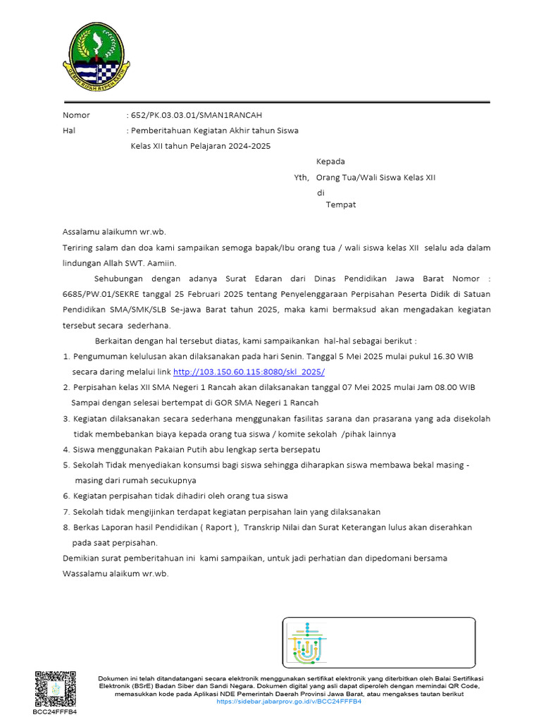 652 Surat Pemberitahuan Kegiatan Akhir Tahun Siswa Kelas XII Tahun ...