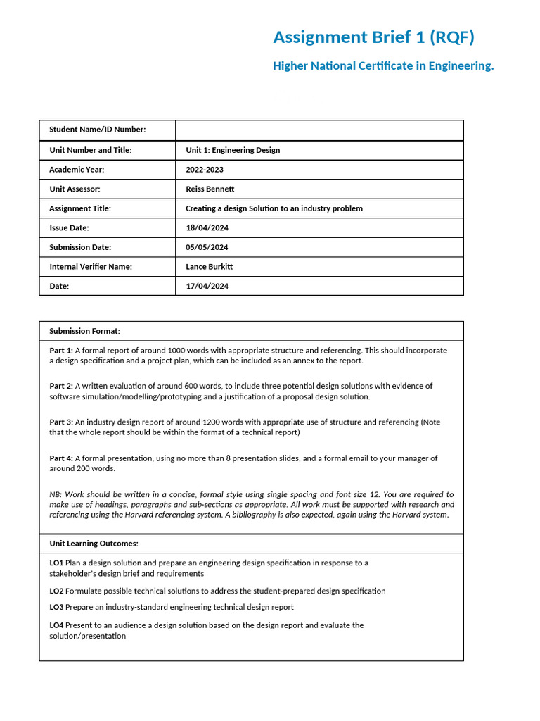 Unit 1 Engineering Design Final Generalised Brief | PDF | Specification (Technical Standard ...