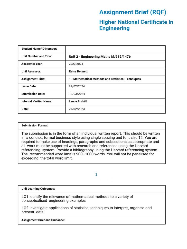 Unit 2 Maths Assignment 1 | PDF | Statistics | Mean