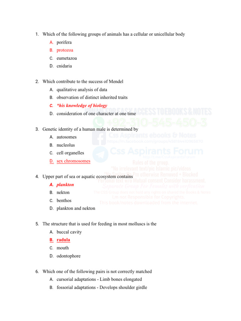 FPSC Solved Zoology Mcqs Papers (File #2) | PDF | Dominance (Genetics ...
