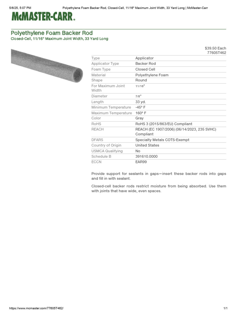 Polyethylene Foam Backer Rod, Closed-Cell, 11 - 16 - Maximum Joint ...