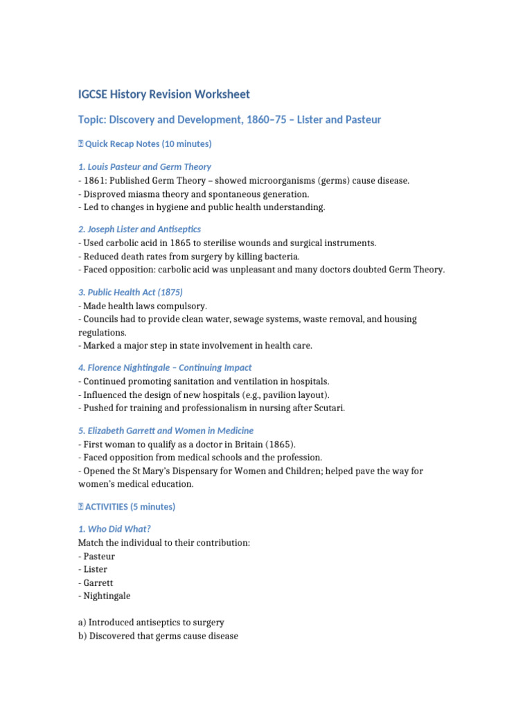 Lister Pasteur Medicine 1860 1875 Revision Worksheet | PDF | Louis ...