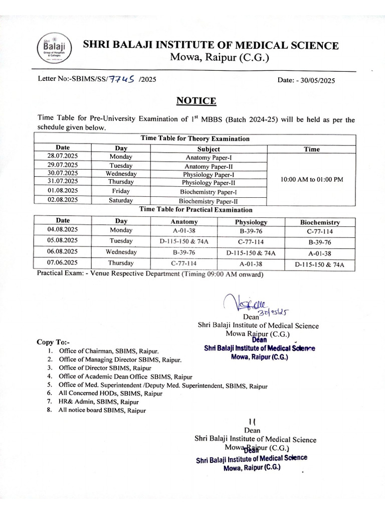 Notice - Pre - University Examination Time Table MBBS 1st Year Batch ...