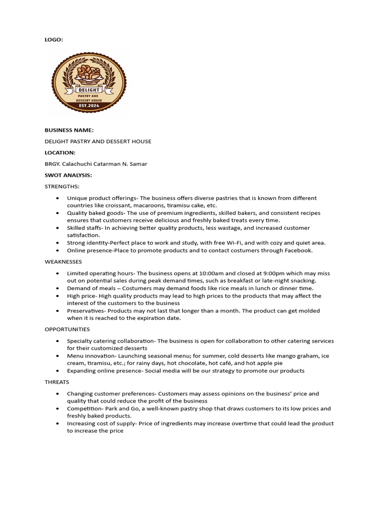 SWOT Analysis of Delight Pastry House | PDF