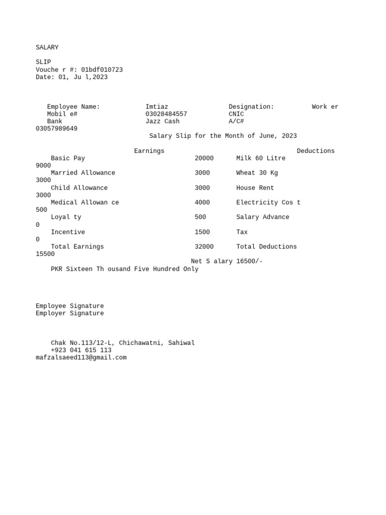 June 2023 Salary Slip for Imtiaz | PDF