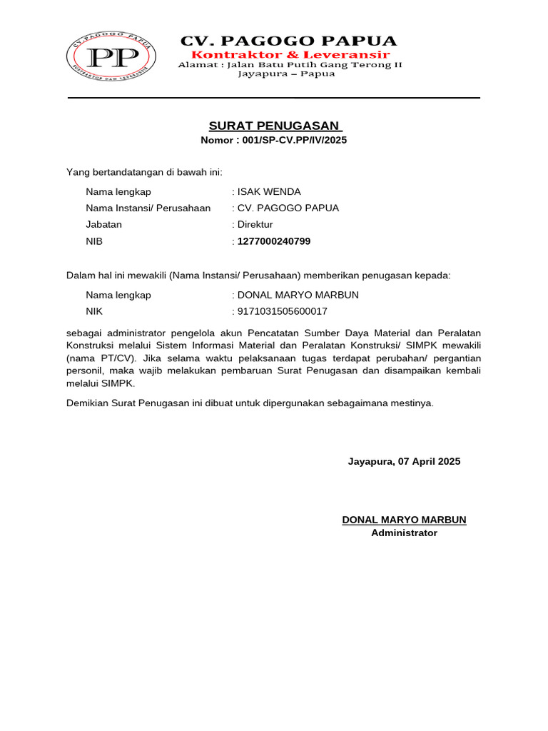 Surat Penugasan Pengelola SIMPK | PDF