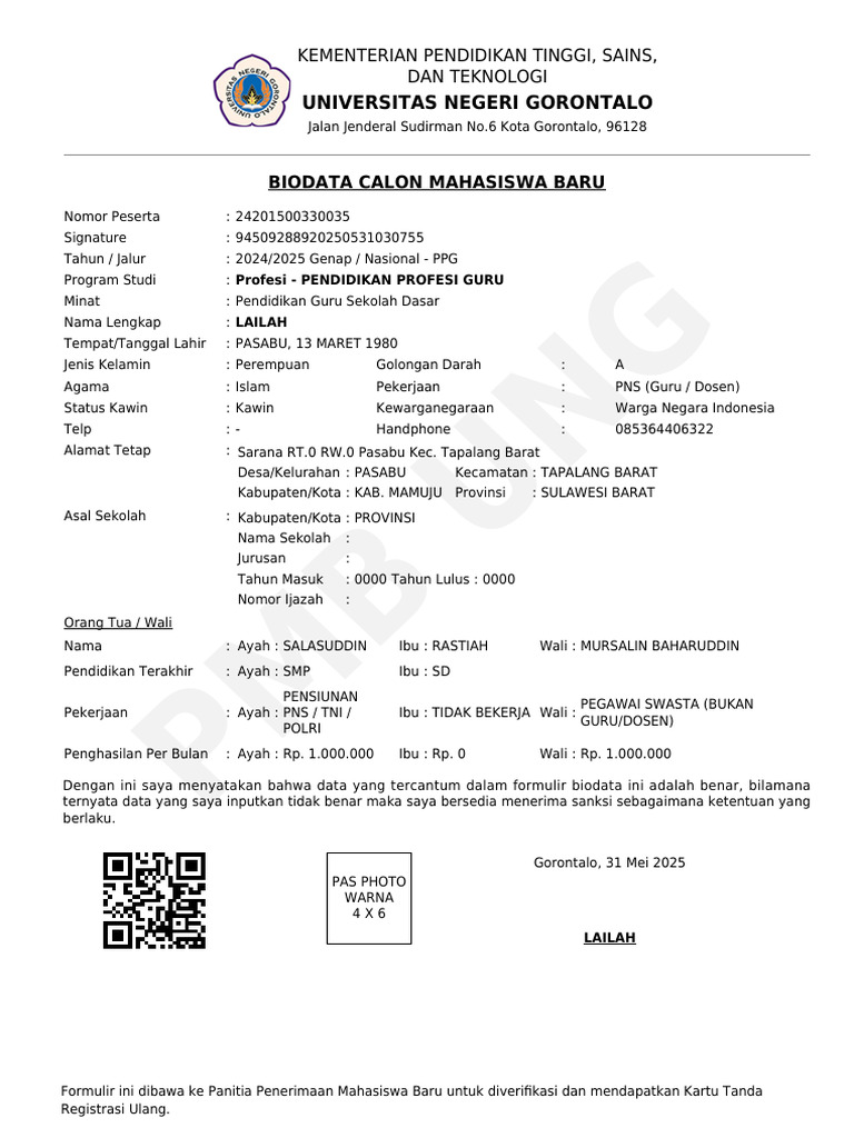 Biodata Calon Mahasiswa Baru | PDF