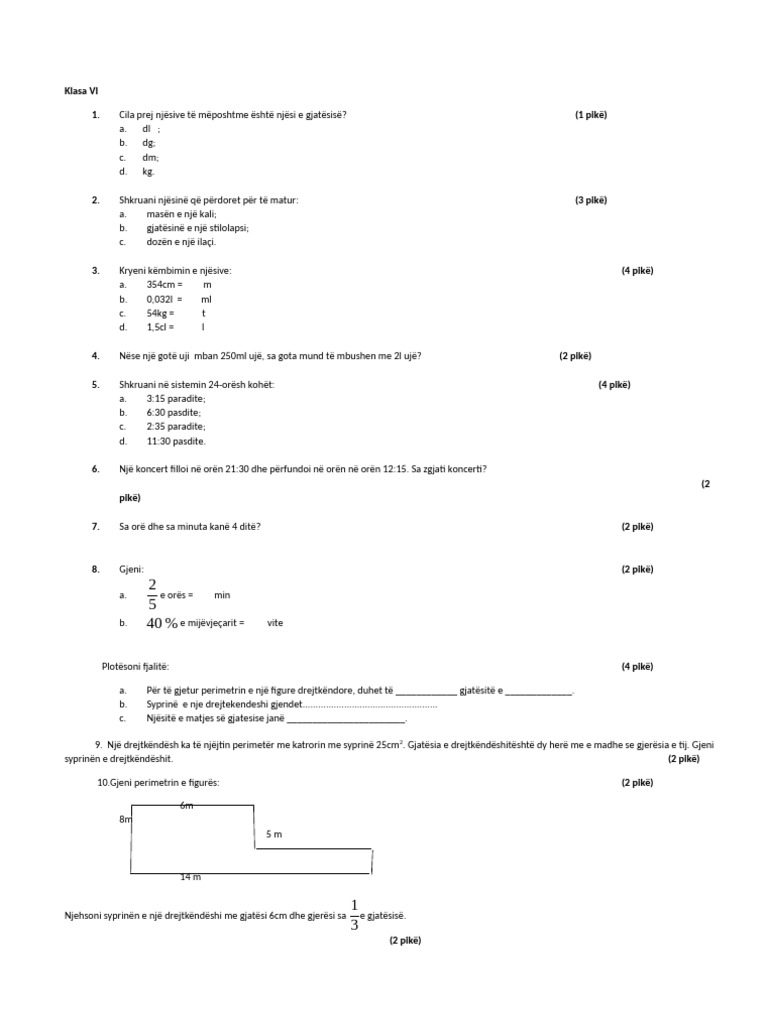 Test Matematike Klasa 6 Tremujori 3 | PDF