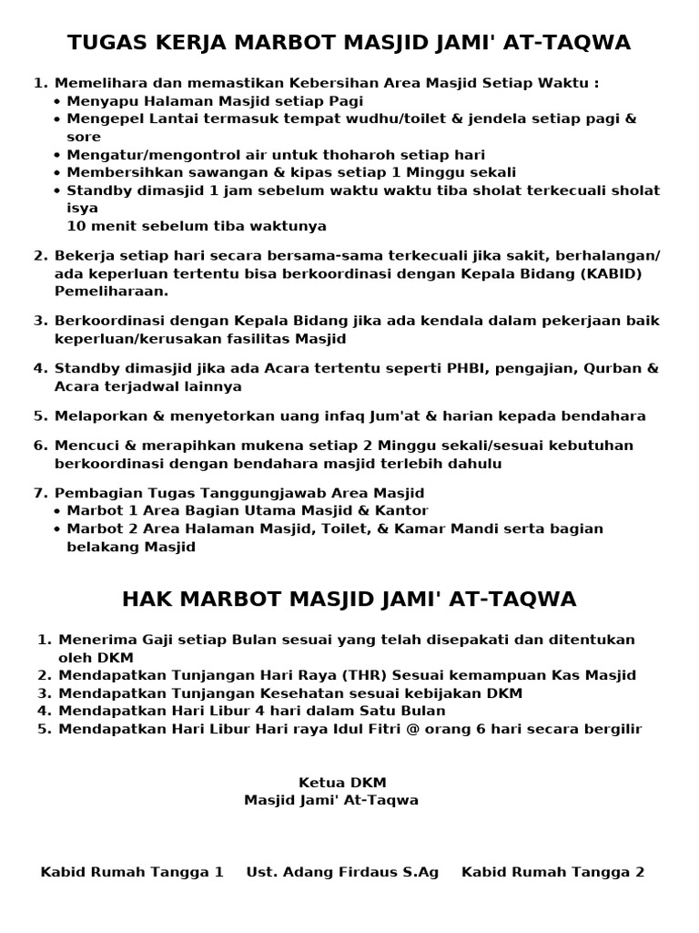Tugas Kerja Marbot Masjid Jami | PDF